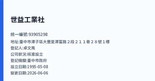 世益工業社的照片-統編 93905298(臺中市) 公司登記資料與營業項目詳細圖表