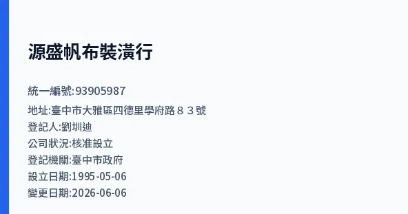 源盛帆布裝潢行的照片-統編 93905987(臺中市) 公司登記資料與營業項目詳細圖表