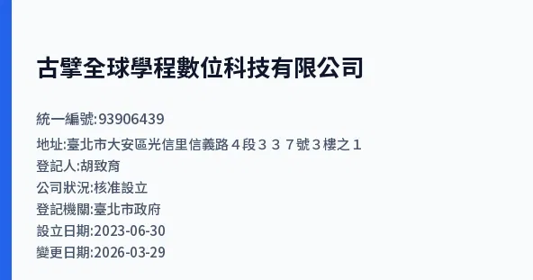 古擘全球學程數位科技有限公司的照片-統編 93906439(臺北市) 公司登記資料與營業項目詳細圖表