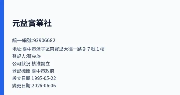 元益實業社的照片-統編 93906682(臺中市) 公司登記資料與營業項目詳細圖表
