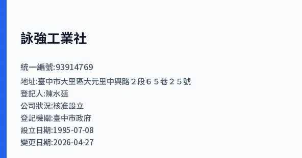 詠強工業社的照片-統編 93914769(臺中市) 公司登記資料與營業項目詳細圖表