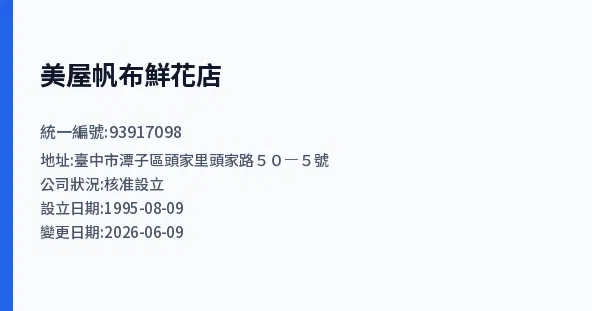 美屋帆布鮮花店的照片-統編 93917098(臺中市) 公司登記資料與營業項目詳細圖表