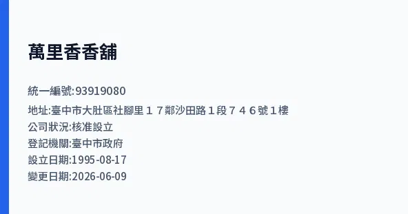 萬里香香舖的照片-統編 93919080(臺中市) 公司登記資料與營業項目詳細圖表