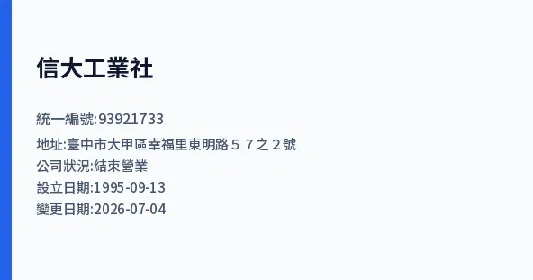 信大工業社的照片-統編 93921733(臺中市) 公司登記資料與營業項目詳細圖表