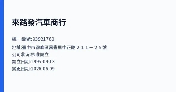 來路發汽車商行的照片-統編 93921760(臺中市) 公司登記資料與營業項目詳細圖表