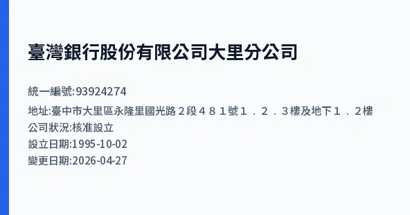 臺灣銀行股份有限公司大里分公司的照片-統編 93924274(臺中市) 公司登記資料與營業項目詳細圖表
