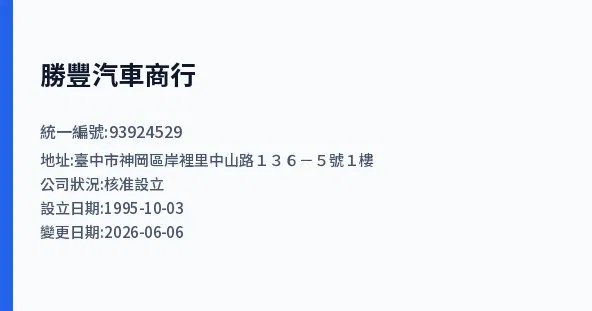 勝豐汽車商行的照片-統編 93924529(臺中市) 公司登記資料與營業項目詳細圖表