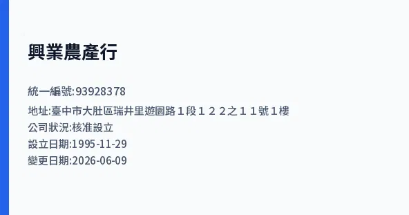 興業農產行的照片-統編 93928378(臺中市) 公司登記資料與營業項目詳細圖表