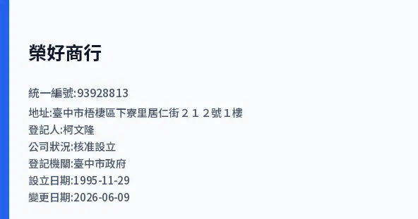 榮好商行的照片-統編 93928813(臺中市) 公司登記資料與營業項目詳細圖表