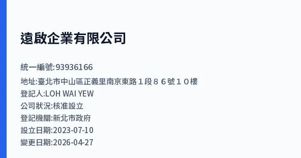 遠啟企業有限公司的照片-統編 93936166(臺北市) 公司登記資料與營業項目詳細圖表