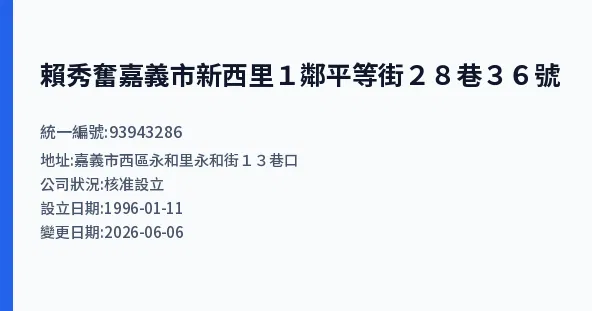 賴秀奮嘉義市新西里1鄰平等街28巷36號的照片-統編 93943286(嘉義市) 公司登記資料與營業項目詳細圖表