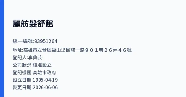 麗舫髮舒館的照片-統編 93951264(高雄市) 公司登記資料與營業項目詳細圖表