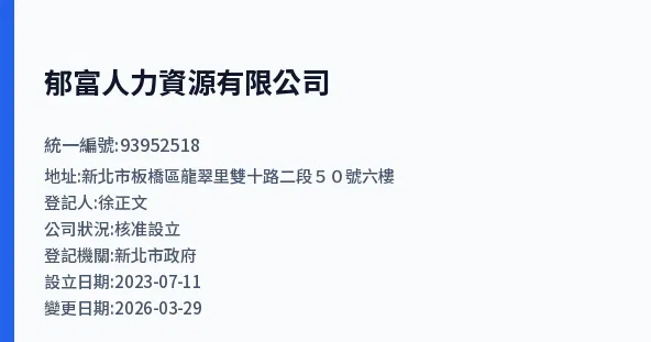 郁富人力資源有限公司的照片-統編 93952518(新北市) 公司登記資料與營業項目詳細圖表