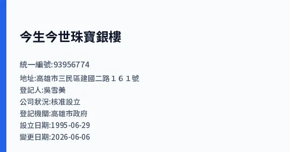 今生今世珠寶銀樓的照片-統編 93956774(高雄市) 公司登記資料與營業項目詳細圖表