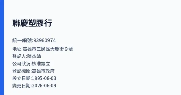 聯慶塑膠行的照片-統編 93960974(高雄市) 公司登記資料與營業項目詳細圖表