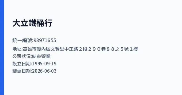 大立鐵桶行的照片-統編 93971655(高雄市) 公司登記資料與營業項目詳細圖表