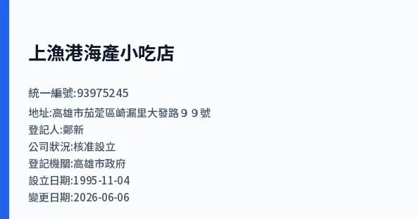 上漁港海產小吃店的照片-統編 93975245(高雄市) 公司登記資料與營業項目詳細圖表