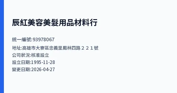 辰紅美容美髮用品材料行的照片-統編 93978067(高雄市) 公司登記資料與營業項目詳細圖表