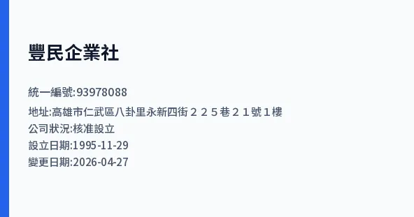 豐民企業社的照片-統編 93978088(高雄市) 公司登記資料與營業項目詳細圖表