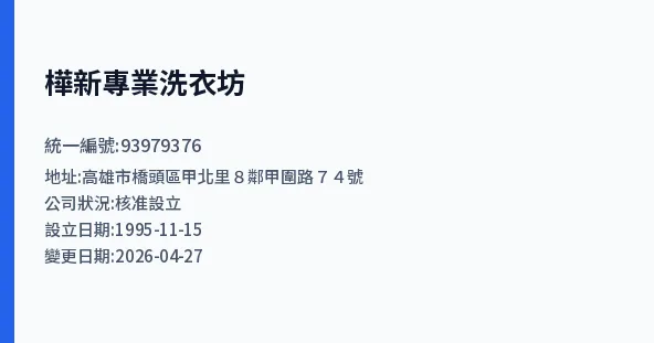 樺新專業洗衣坊的照片-統編 93979376(高雄市) 公司登記資料與營業項目詳細圖表