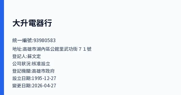 大升電器行的照片-統編 93980583(高雄市) 公司登記資料與營業項目詳細圖表