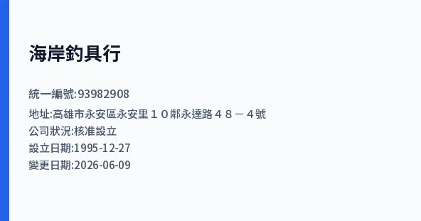 海岸釣具行的照片-統編 93982908(高雄市) 公司登記資料與營業項目詳細圖表