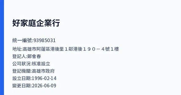 好家庭企業行的照片-統編 93985031(高雄市) 公司登記資料與營業項目詳細圖表
