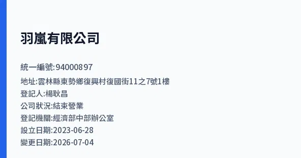 羽嵐有限公司的照片-統編 94000897(雲林縣) 公司登記資料與營業項目詳細圖表
