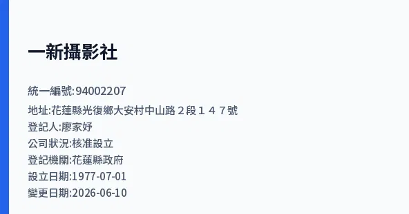 一新攝影社的照片-統編 94002207(花蓮縣) 公司登記資料與營業項目詳細圖表