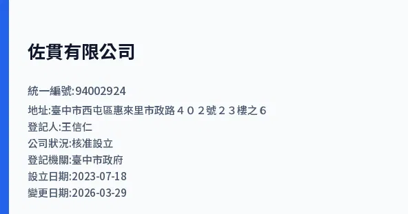 佐貫有限公司的照片-統編 94002924(臺中市) 公司登記資料與營業項目詳細圖表
