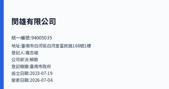 閔雄有限公司的照片-統編 94005035(臺南市) 公司登記資料與營業項目詳細圖表