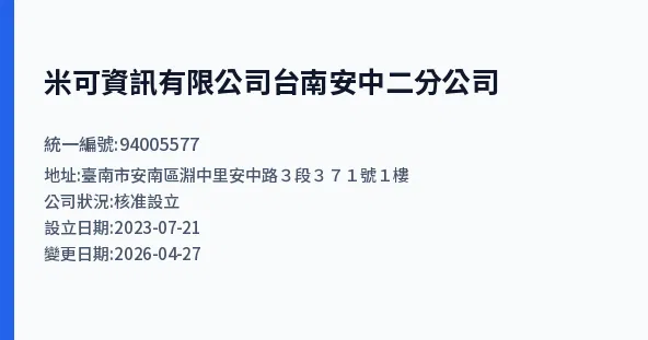 米可資訊有限公司台南安中二分公司的照片-統編 94005577(臺南市) 公司登記資料與營業項目詳細圖表