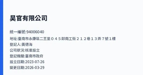 昊官有限公司的照片-統編 94006040(臺南市) 公司登記資料與營業項目詳細圖表
