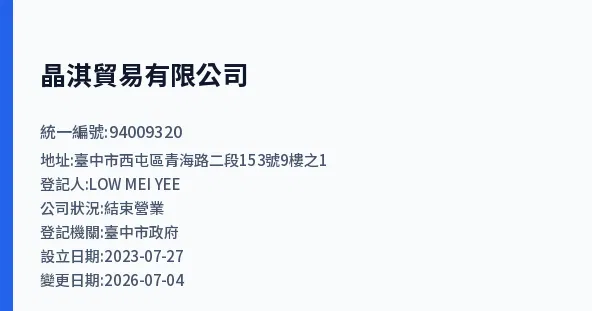 晶淇貿易有限公司的照片-統編 94009320(臺中市) 公司登記資料與營業項目詳細圖表