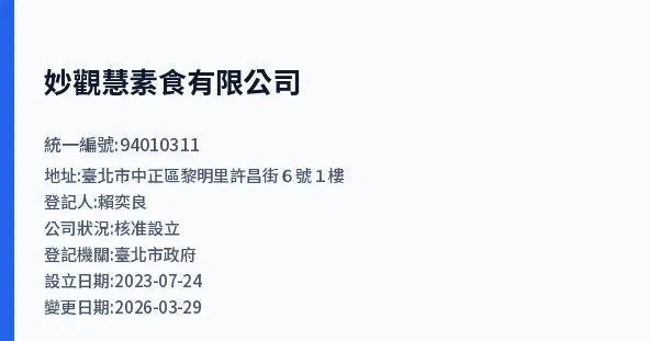 妙觀慧素食有限公司的照片-統編 94010311(臺北市) 公司登記資料與營業項目詳細圖表