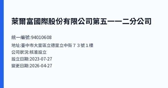 萊爾富國際股份有限公司第五一一二分公司的照片-統編 94010608(臺中市) 公司登記資料與營業項目詳細圖表