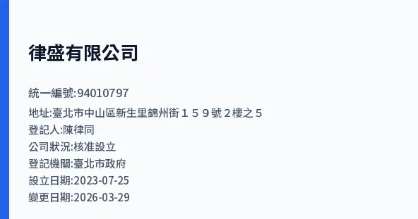 律盛有限公司的照片-統編 94010797(臺北市) 公司登記資料與營業項目詳細圖表