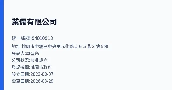 業儒有限公司的照片-統編 94010918(桃園市) 公司登記資料與營業項目詳細圖表