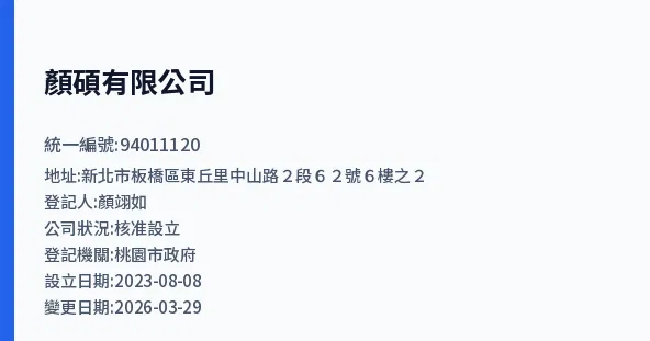 顏碩有限公司的照片-統編 94011120(新北市) 公司登記資料與營業項目詳細圖表