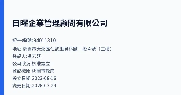 日曜企業管理顧問有限公司的照片-統編 94011310(桃園市) 公司登記資料與營業項目詳細圖表