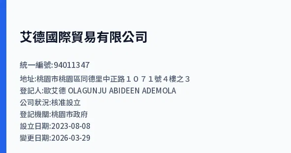 艾德國際貿易有限公司的照片-統編 94011347(桃園市) 公司登記資料與營業項目詳細圖表