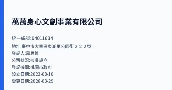 萬萬身心文創事業有限公司的照片-統編 94011634(臺中市) 公司登記資料與營業項目詳細圖表