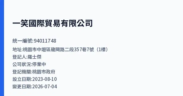 一笑國際貿易有限公司的照片-統編 94011748(桃園市) 公司登記資料與營業項目詳細圖表