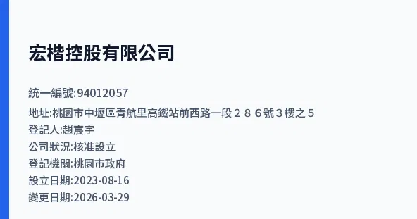宏楷控股有限公司的照片-統編 94012057(桃園市) 公司登記資料與營業項目詳細圖表