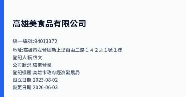 高雄美食品有限公司的照片-統編 94013372(高雄市) 公司登記資料與營業項目詳細圖表