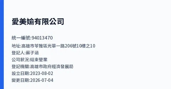 愛美媮有限公司的照片-統編 94013470(高雄市) 公司登記資料與營業項目詳細圖表