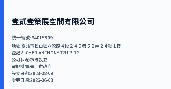 壹貳壹策展空間有限公司的照片-統編 94015809(臺北市) 公司登記資料與營業項目詳細圖表