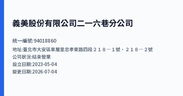 義美股份有限公司二一六巷分公司的照片-統編 94018860(臺北市) 公司登記資料與營業項目詳細圖表