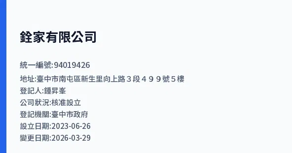 銓家有限公司的照片-統編 94019426(臺中市) 公司登記資料與營業項目詳細圖表