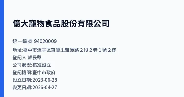 億大寵物食品股份有限公司的照片-統編 94020009(臺中市) 公司登記資料與營業項目詳細圖表